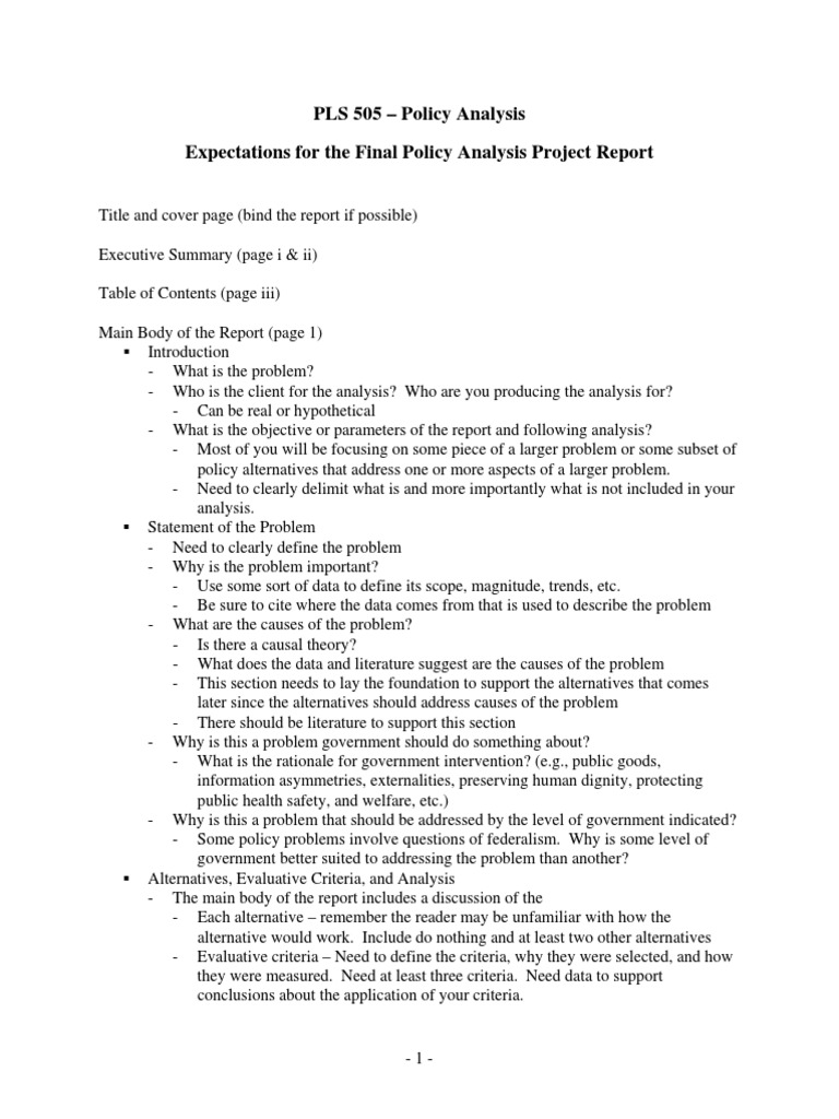 PLS - 505 - Outline For Final Policy Analysis Project Report | PDF ...