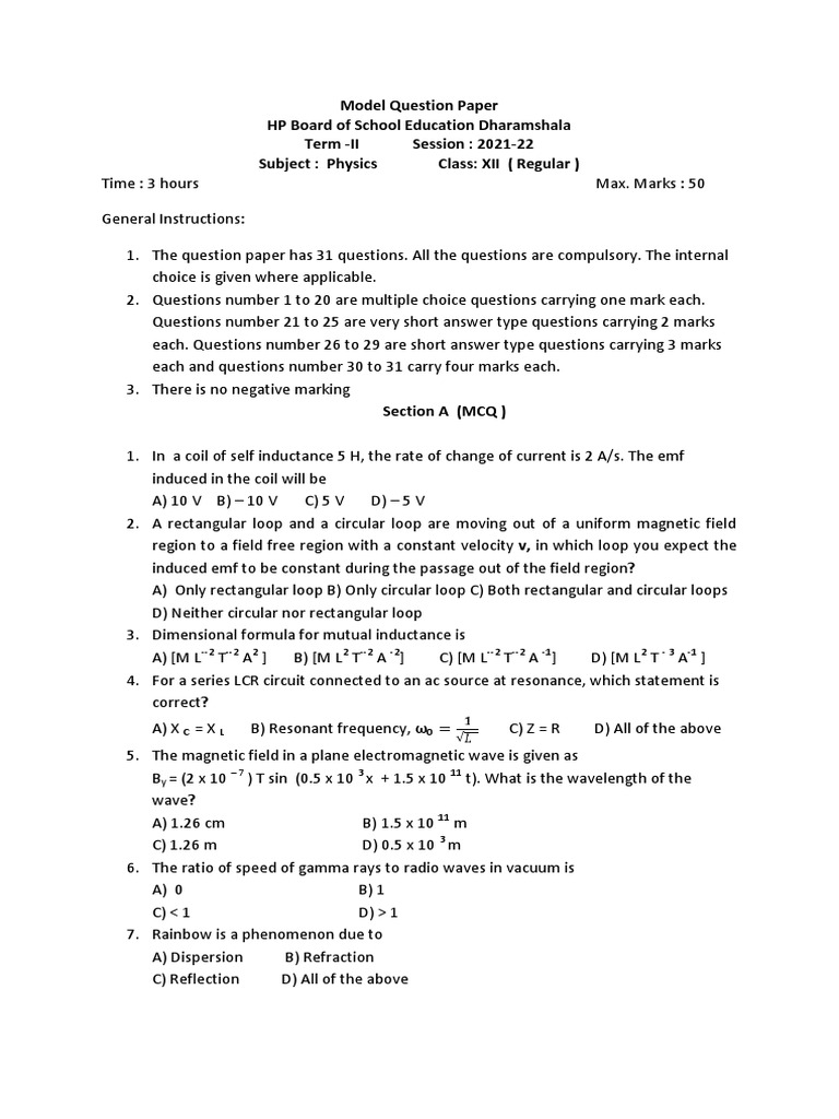 HP Board Class XII Physics Model Question Paper | PDF | Diffraction | Refractive Index
