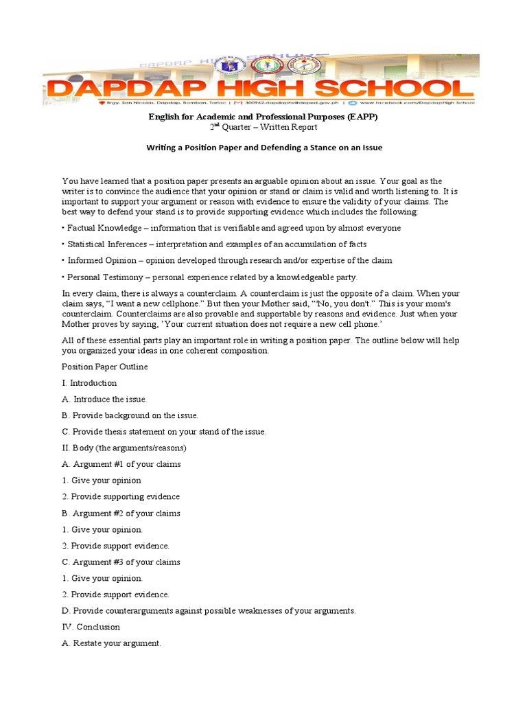 EAPP - Writing A Position Paper and Defending A Stance On An Issue ...