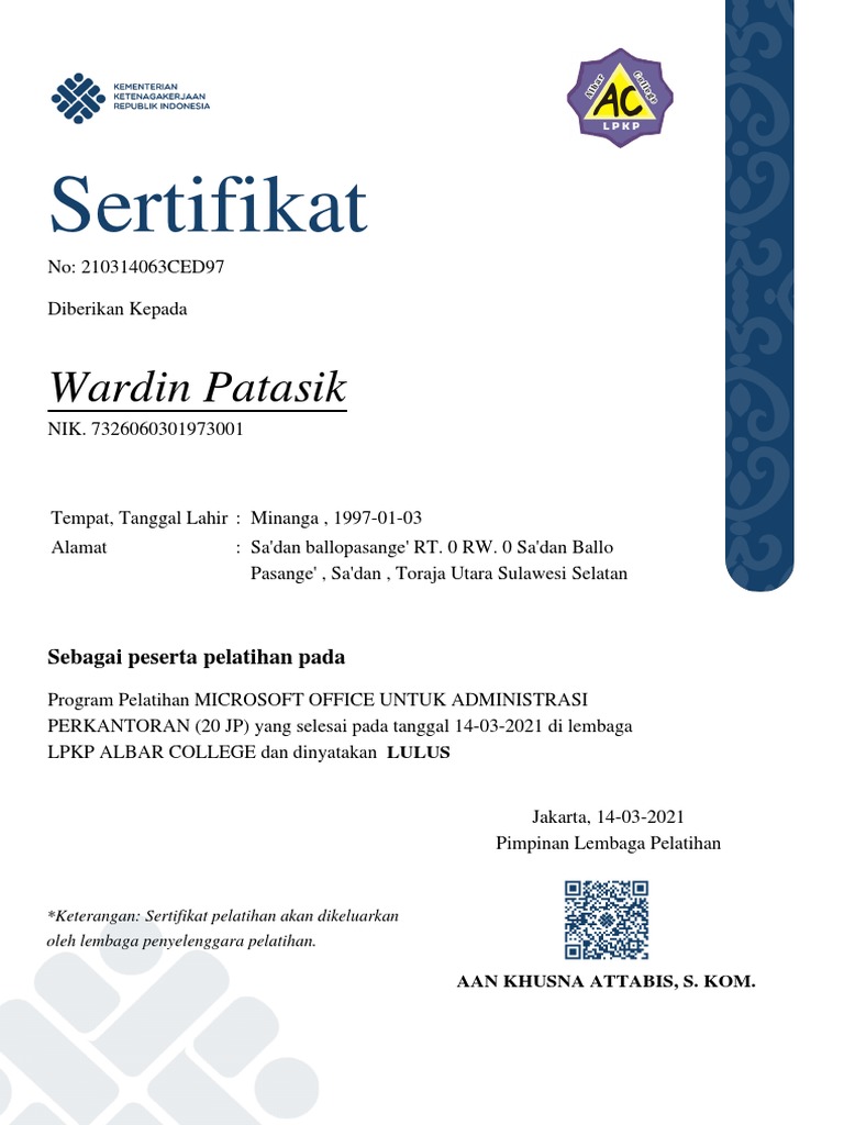 Sertifikat Pelatihan Microsoft Office | PDF