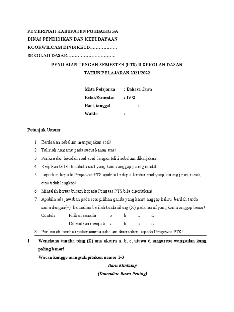 Soal PTS 2 Bahasa Jawa Kelas 4 2021-2022 Bu Hesti | PDF