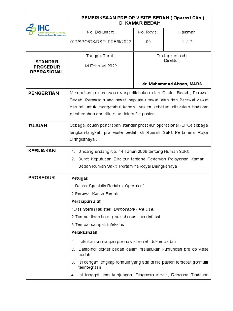Pemeriksaan Pre Op Visite Bedah (Operasi Cito) Di Kamar Bedah | PDF