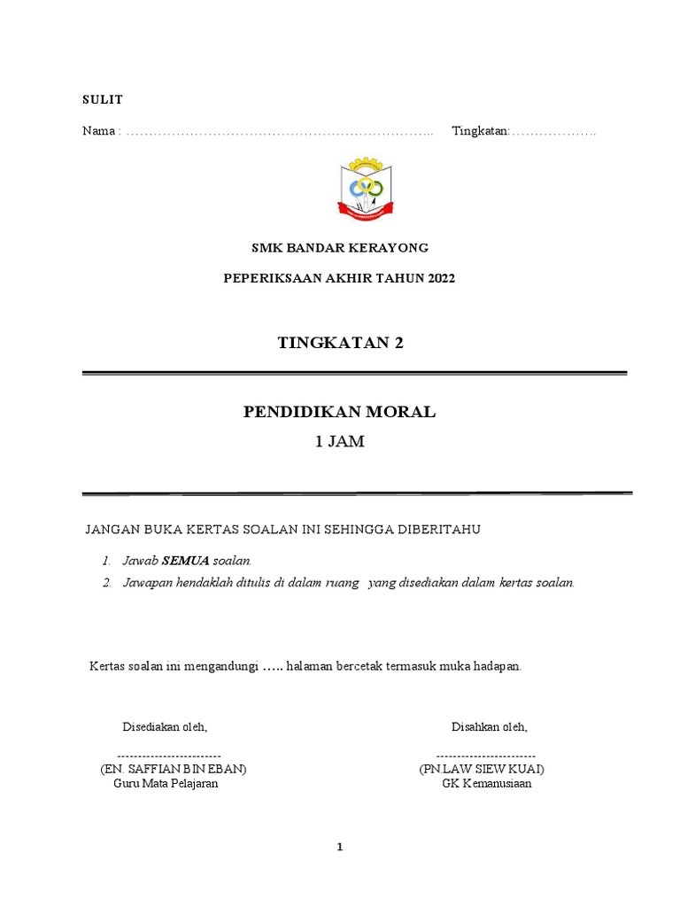 Peperiksaan Akhir Tahun Pendidikan Moral | PDF