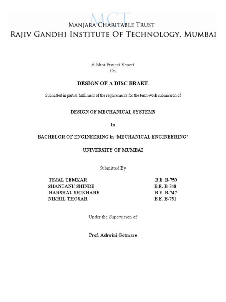 Disc Brake Design Project Report | PDF | Brake | Applied And ...