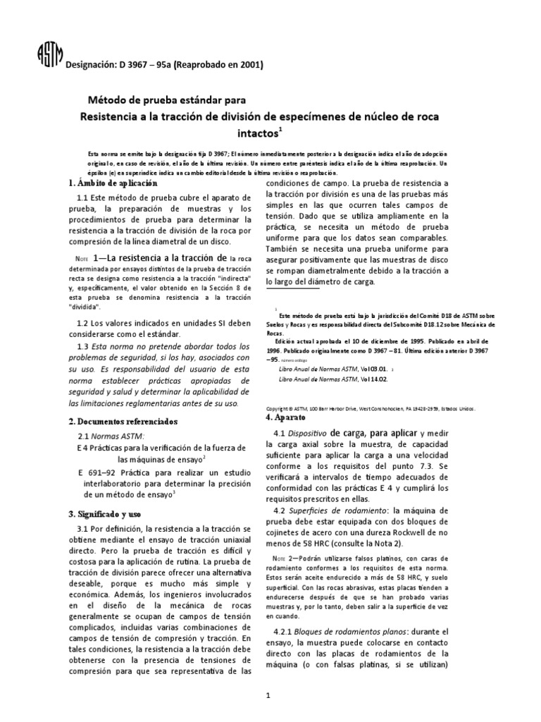ASTM D3967-95a ESPAÑOL | PDF | Rodamiento (Mecánico) | Física Aplicada e Interdisciplinaria