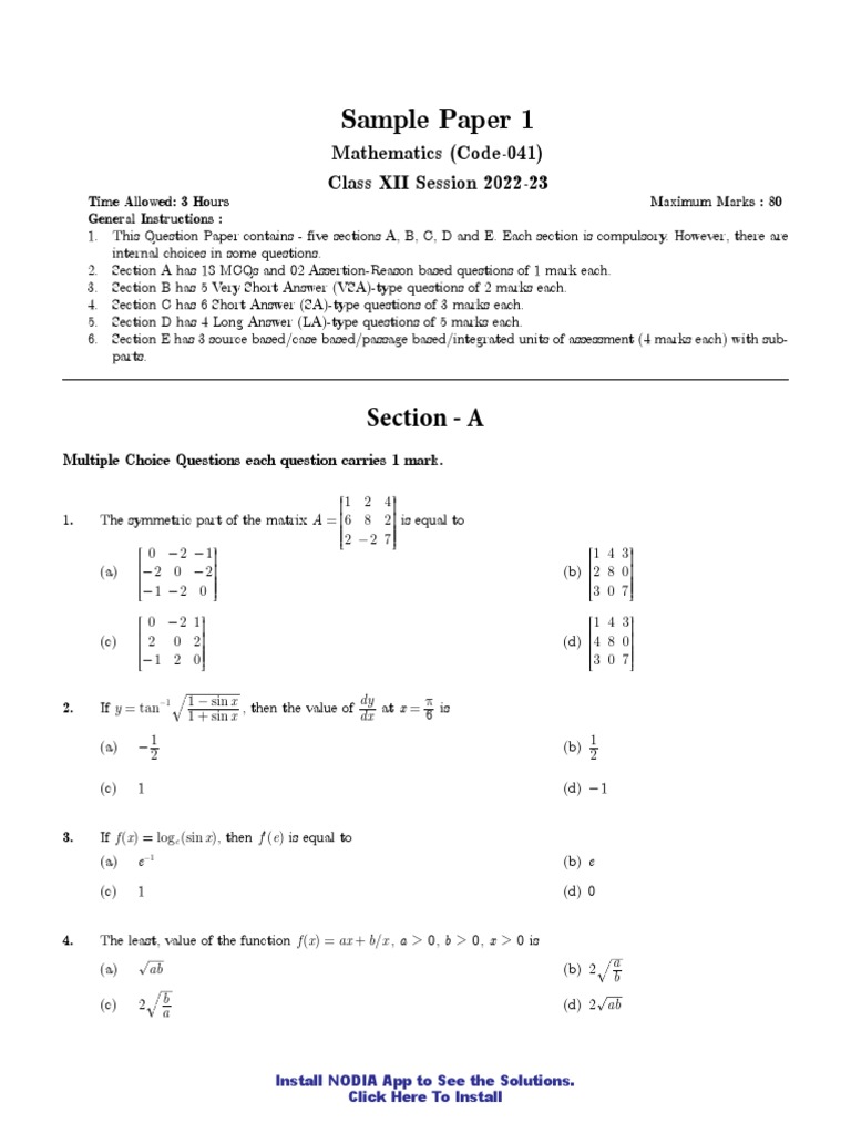 Sample Paper 1: Mathematics (Code-041) Class XII Session 2022-23 | PDF ...