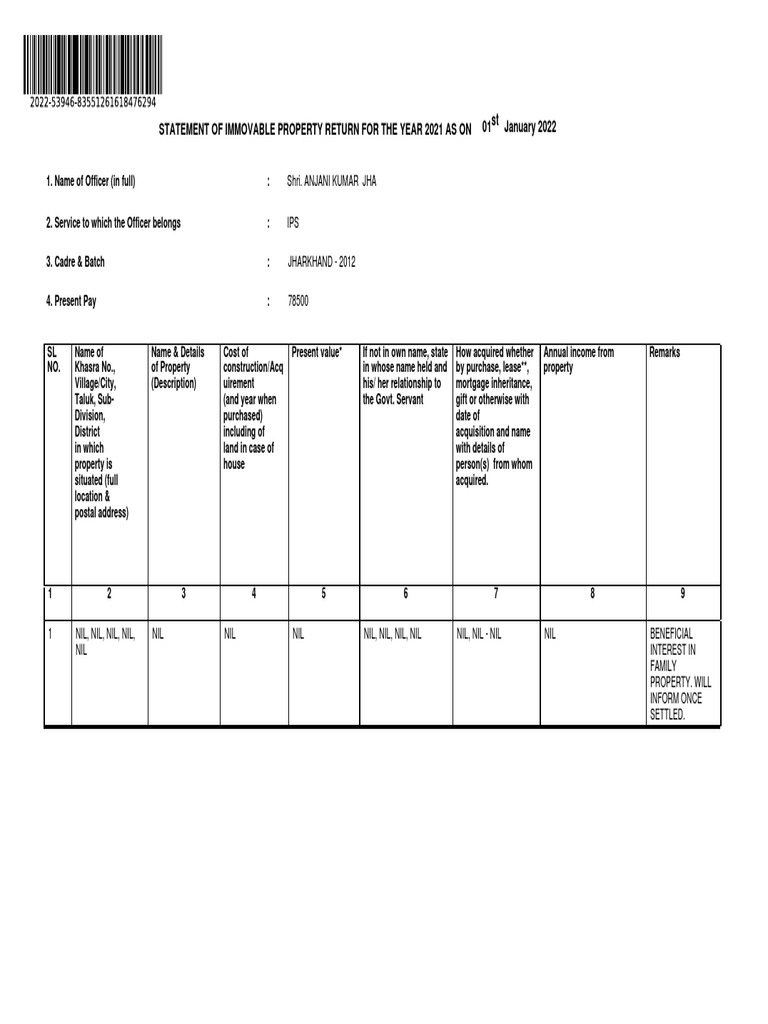01st January 2022 Statement of Immovable Property Return For The Year 2021 As On | PDF ...