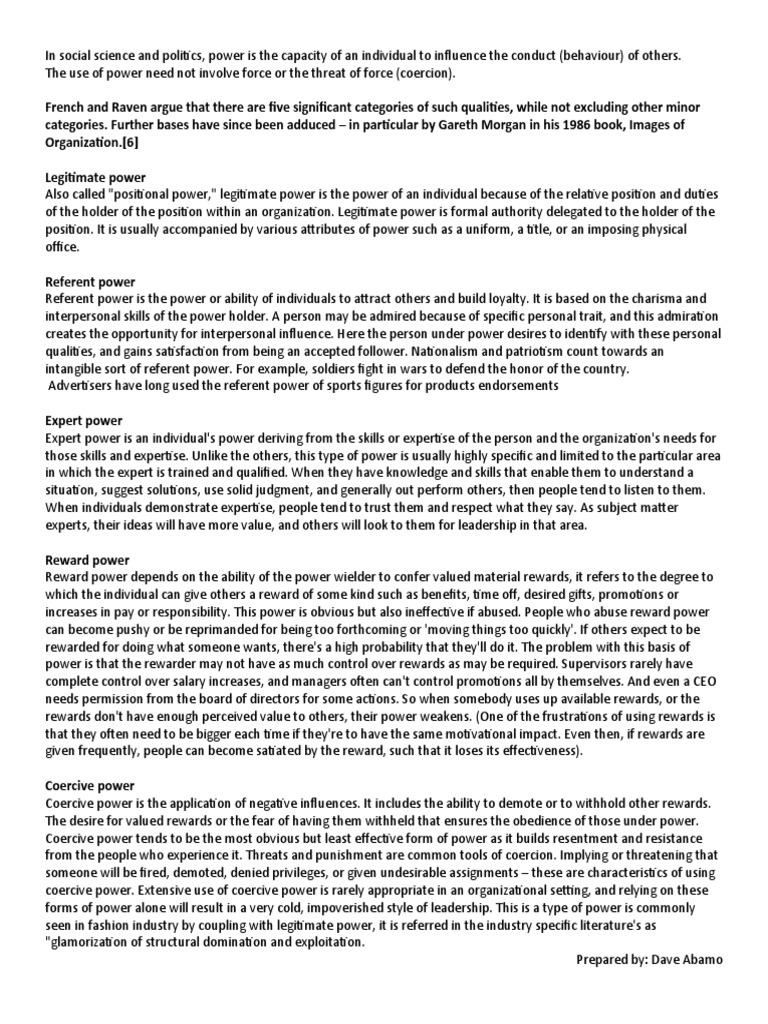 Five Bases of Power According to French and Raven | PDF | Power (Social ...