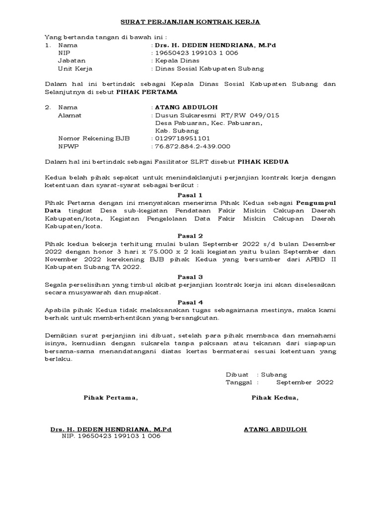 Surat Perjanjian Kontrak Kerja Desa | PDF