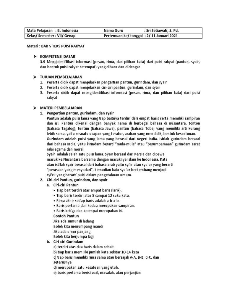 Ciri-Ciri Puisi Rakyat: Pantun, Gurindam, Syair | PDF