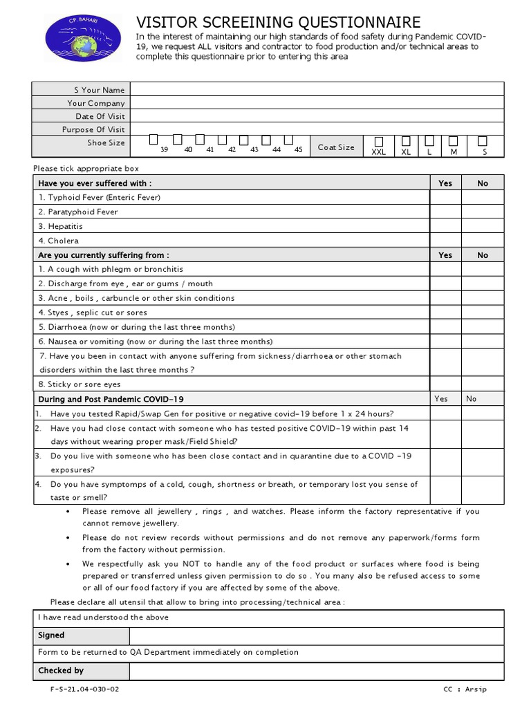 F-S-21.04-030-02 (Visitor Screening Quistionnaire) | PDF | Diseases And ...