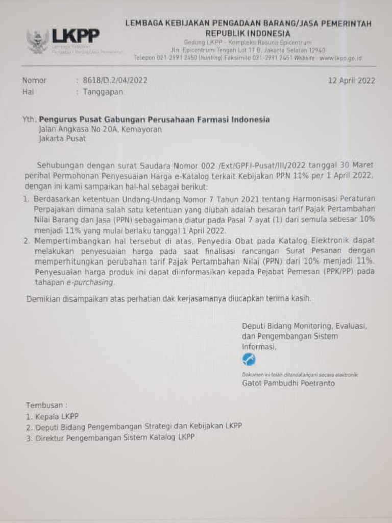 2022-04-12 Surat Balasan LKPP THD GP Farmasi - Terkait Kenaikan PPN 11% | PDF