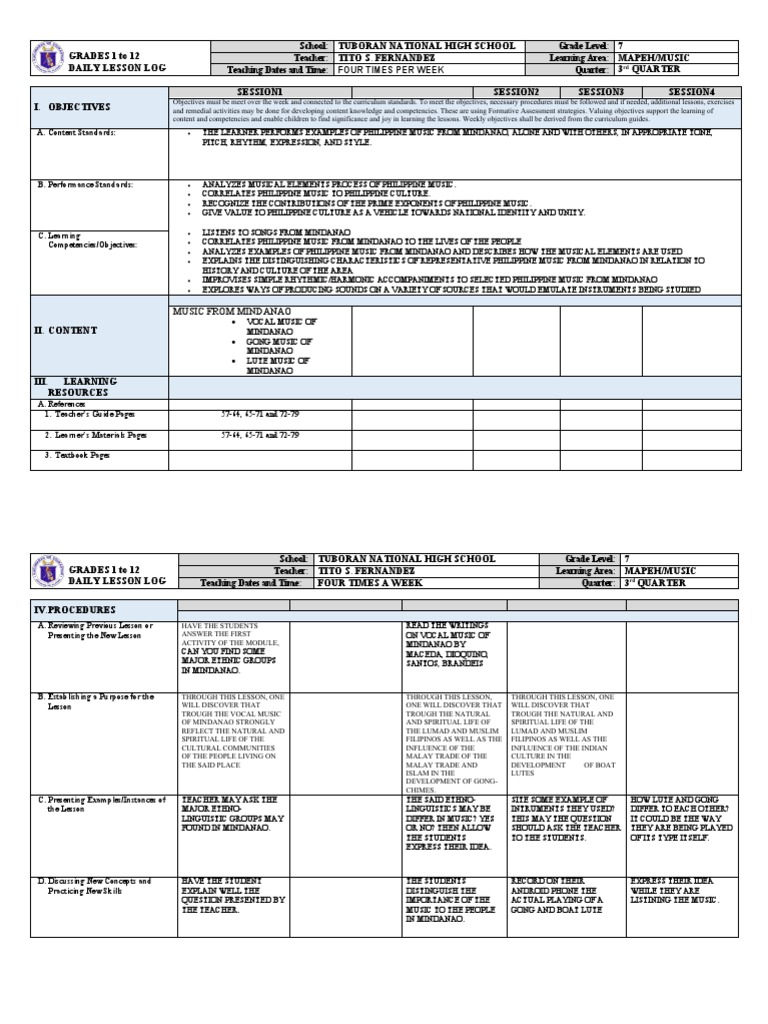 G7 DLL Mapeh Music Q3 | PDF | Teaching Method | Teachers G7 DLL Mapeh Music Q3 | PDF | Teaching Method | Teachers