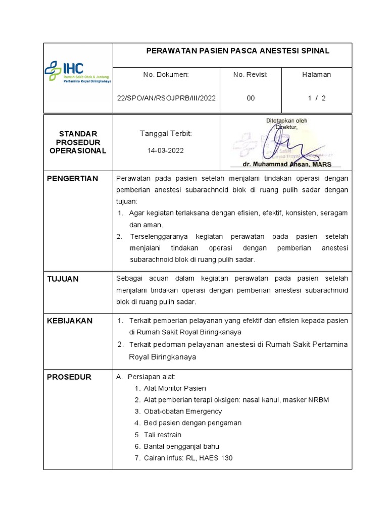 22 Spo Perawatan Pasien Pasca Anestesi Spinal | PDF