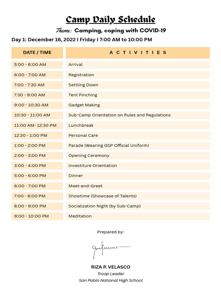 Day1 - Camp Daily Schedule | PDF