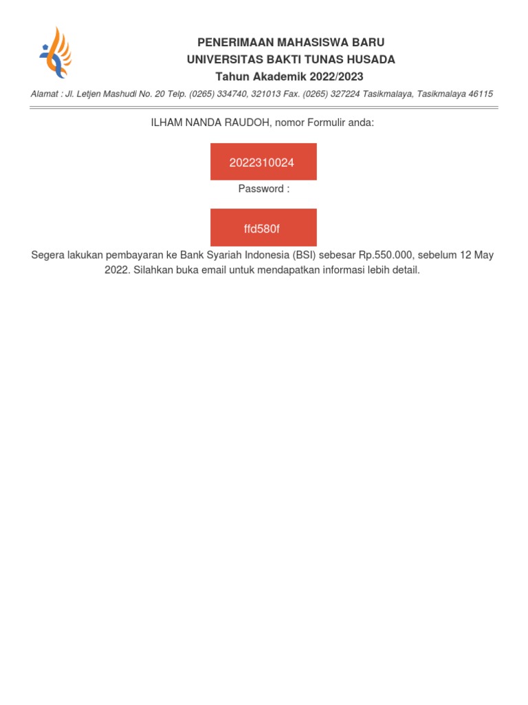 Penerimaan Mahasiswa Baru Universitas Bakti Tunas Husada Tahun Akademik 2022/2023 | PDF