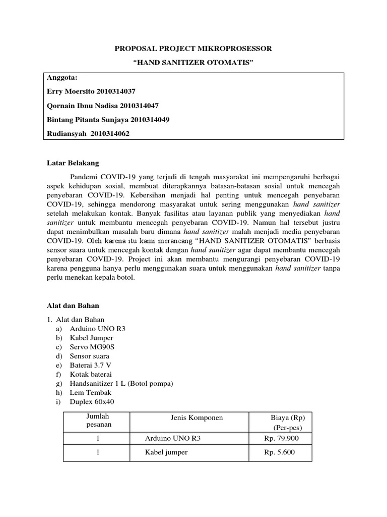 PROPOSAL PROJECT Handsinitizer Otomatis Sensor Suara | PDF