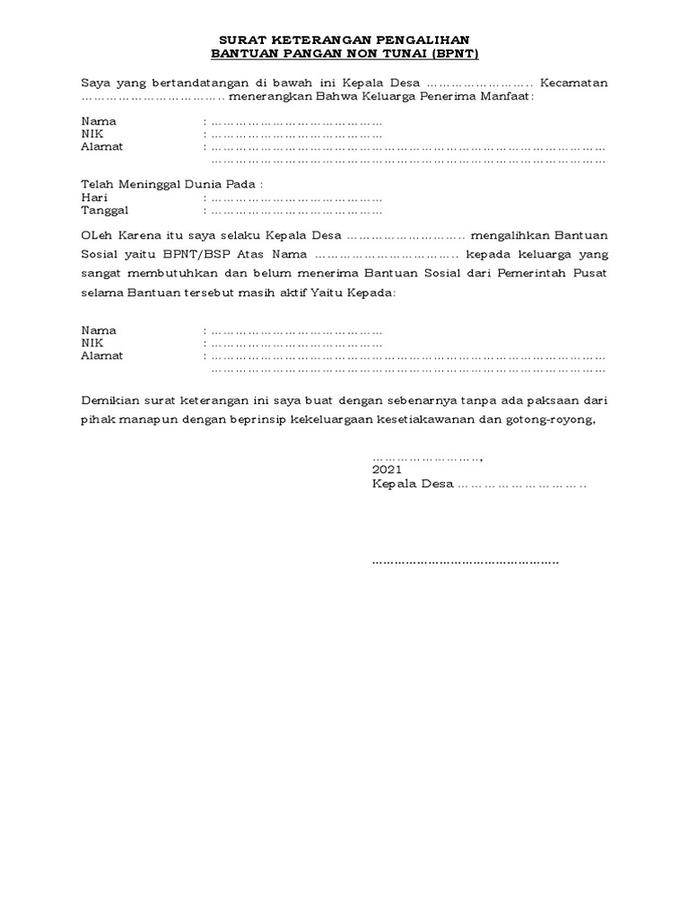 SURAT PERNYATAAN PENGALIHAN Bansos | PDF