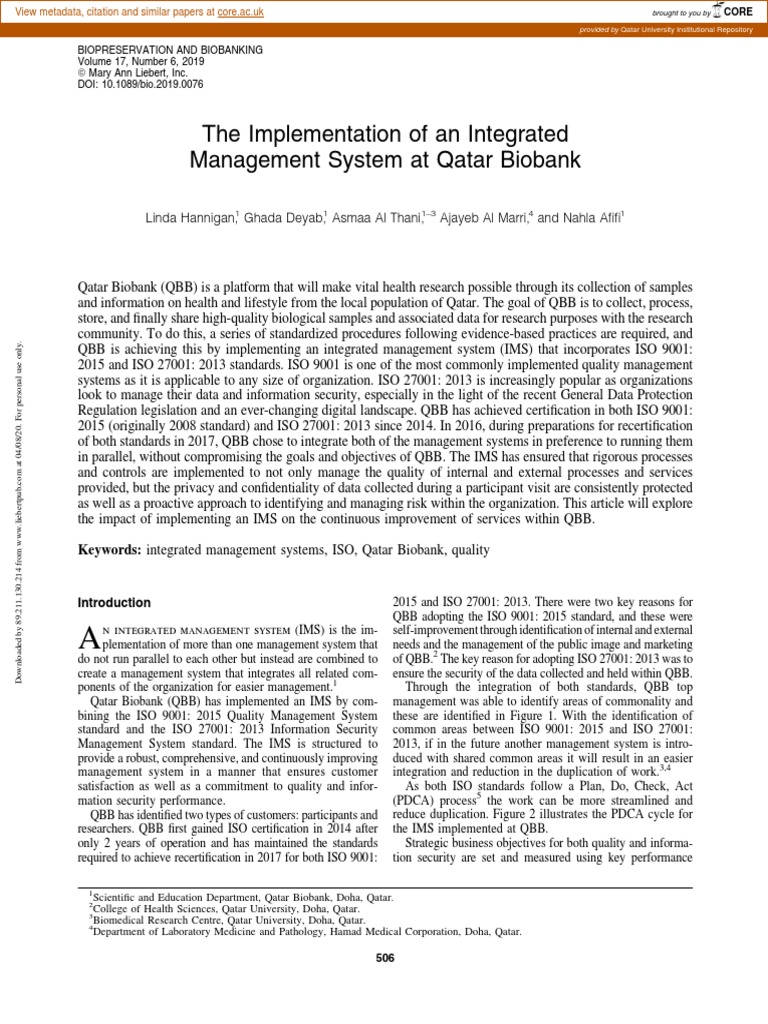 The Implementation of An Integrated at Qatar Biobank | PDF | Iso 9000 ...