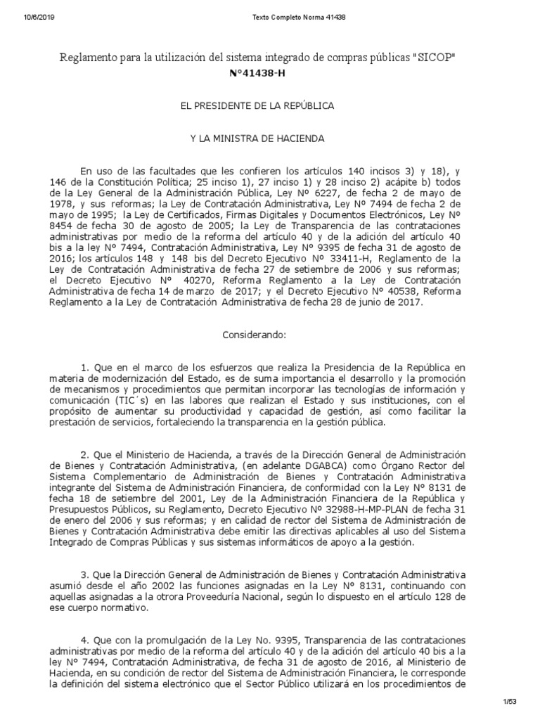 Reglamento Uso Sicop Decreto 41438 | PDF | Regulación | Institución Reglamento Uso Sicop Decreto 41438 | PDF | Regulación | Institución