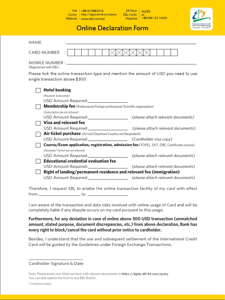EBL Online Declaration Form Guide | PDF | Fee | Visa Inc.