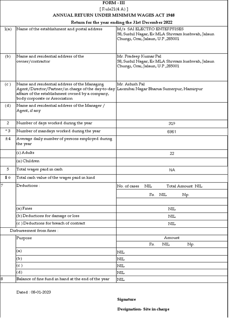 Annual Return Form - III of M.W. Act | PDF | Employee Relations | Wages ...