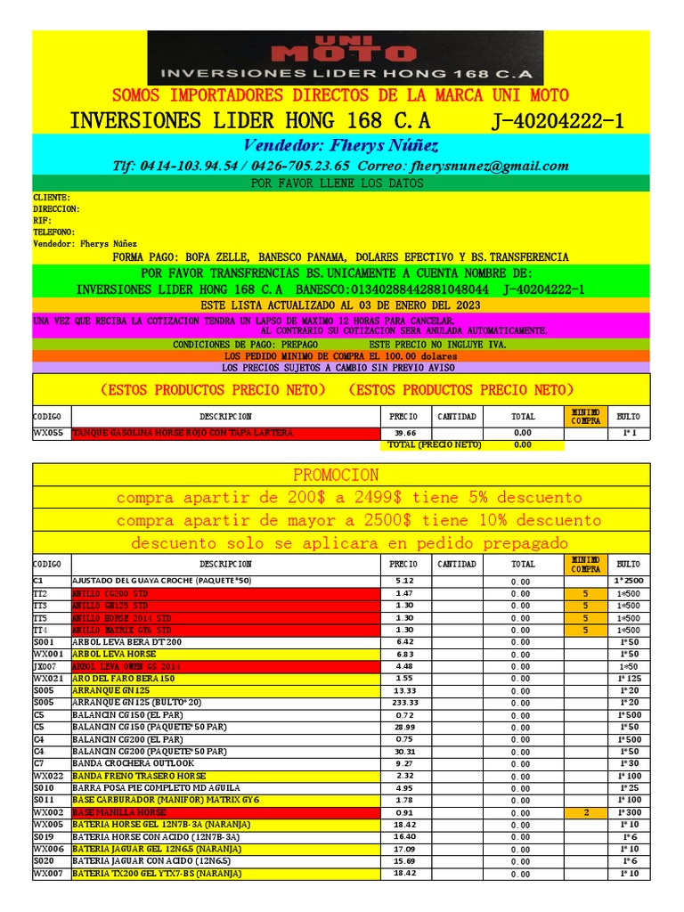 Lista Precios Uni Moto Inv Lider Hong 168 3-1 NF | PDF | Tecnología del motor | Motores