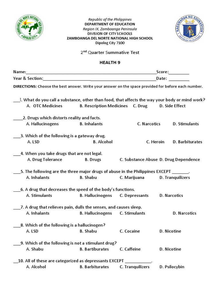 Health 9 Summative Test on Drugs | PDF | Recreational Drug Use | Drugs