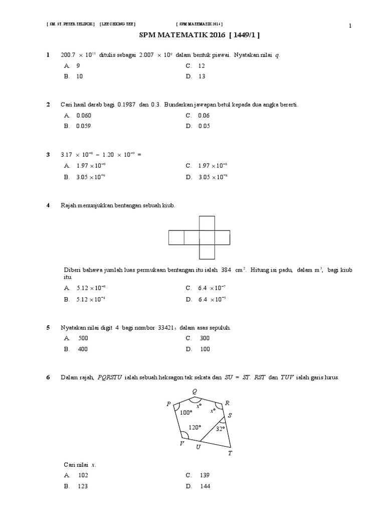 Matematik SPM 2016 P1 | PDF
