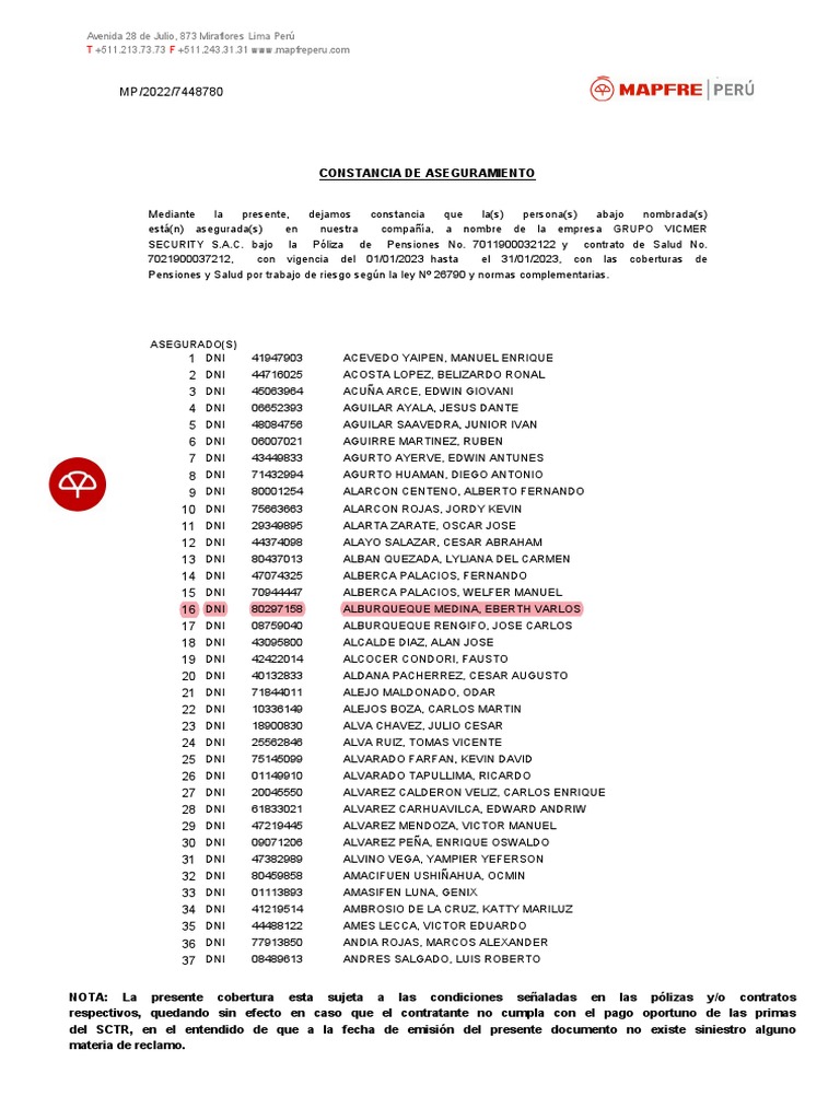 Vicmer Security Constancia SCTR Enero 2023 General | PDF