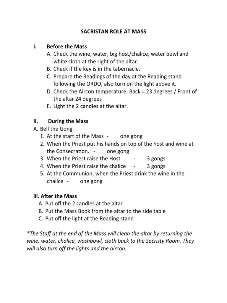 Sacristan Role at Mass | PDF | Cooking, Food & Wine