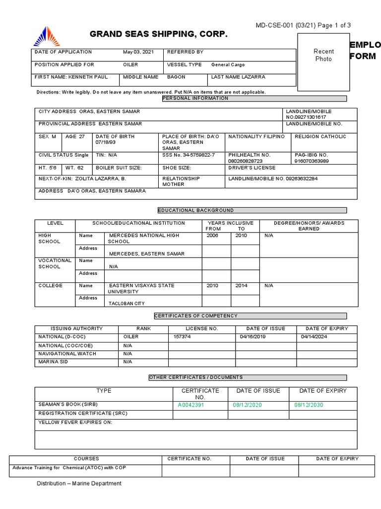 Application Form | PDF | Ships | Shipping