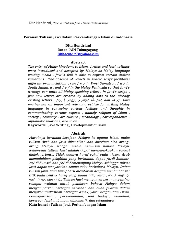 Peranan Tulisan Jawi Dalam Perkembangan Islam Di Indonesia Dita Hendriani | PDF