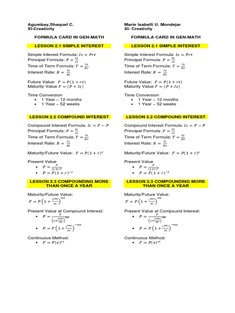 Gen Math Formula Card | Download Free PDF | Interest | Compound Interest