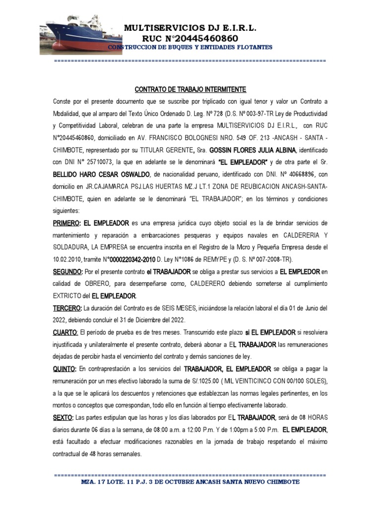 Contrato de Trabajo Intermitente 2022 | PDF | Tiempo de trabajo | Salario