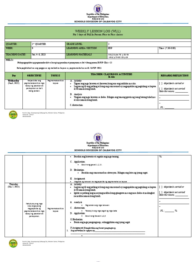 Weekly Lesson Log (WLL) : For 5 Days of Full In-Person /face To Face ...