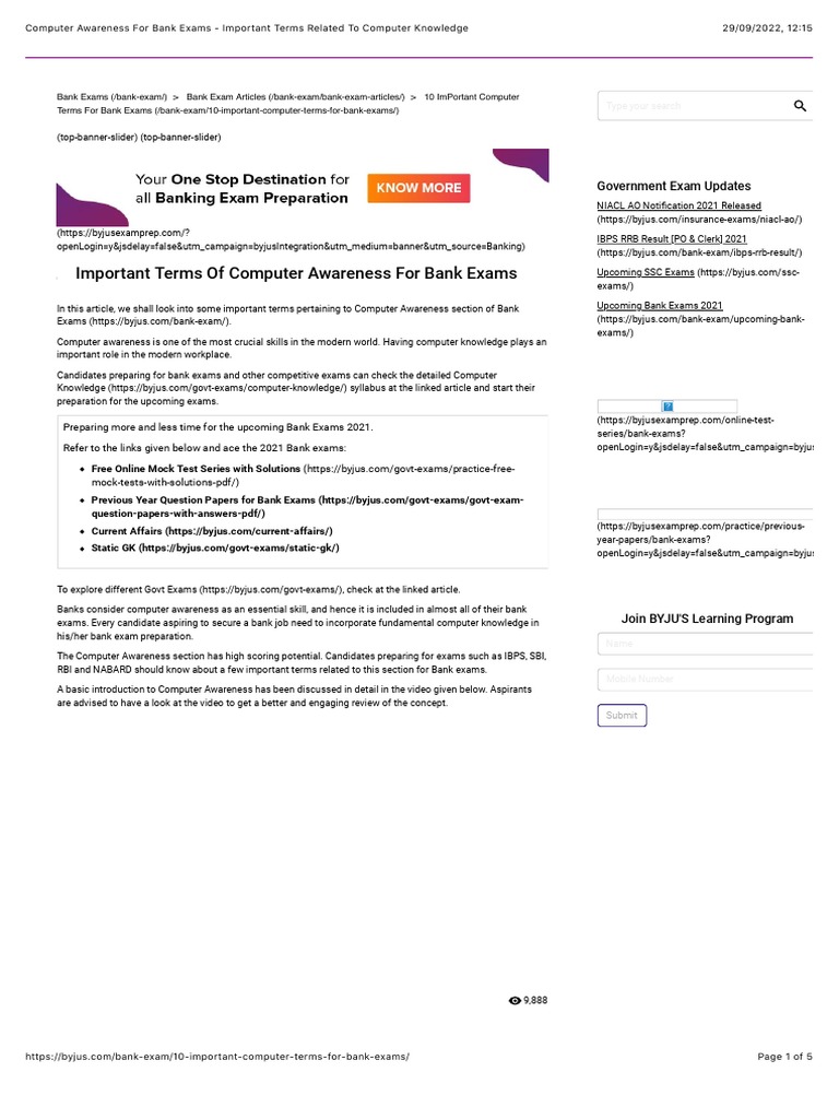 Computer Awareness For Bank Exams - Important Terms Related To Computer Knowledge | PDF ...