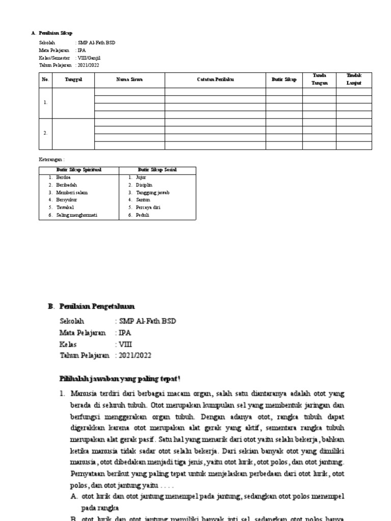 Kisi-Kisi Soal Dan Instrumen Penilaian | PDF