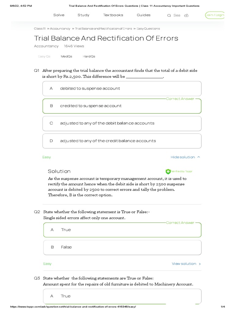 Trial Balance and Rectification of Errors Questions - Class 11 Accountancy Easy Questions | PDF ...