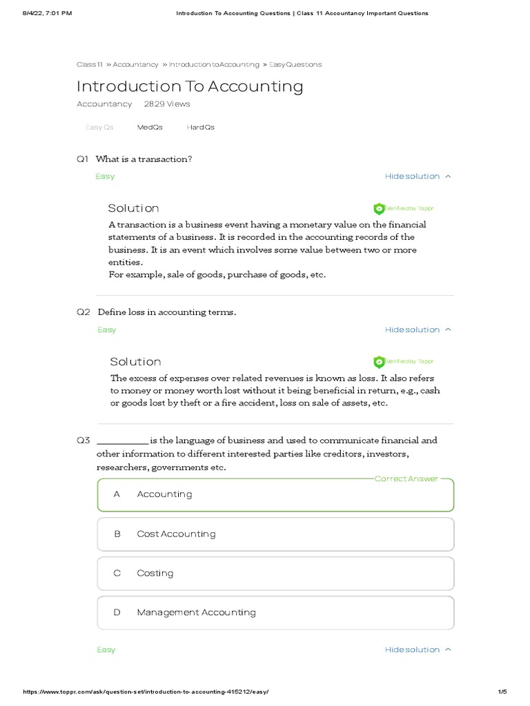 Introduction To Accounting Questions - Class 11 Accountancy Easy ...