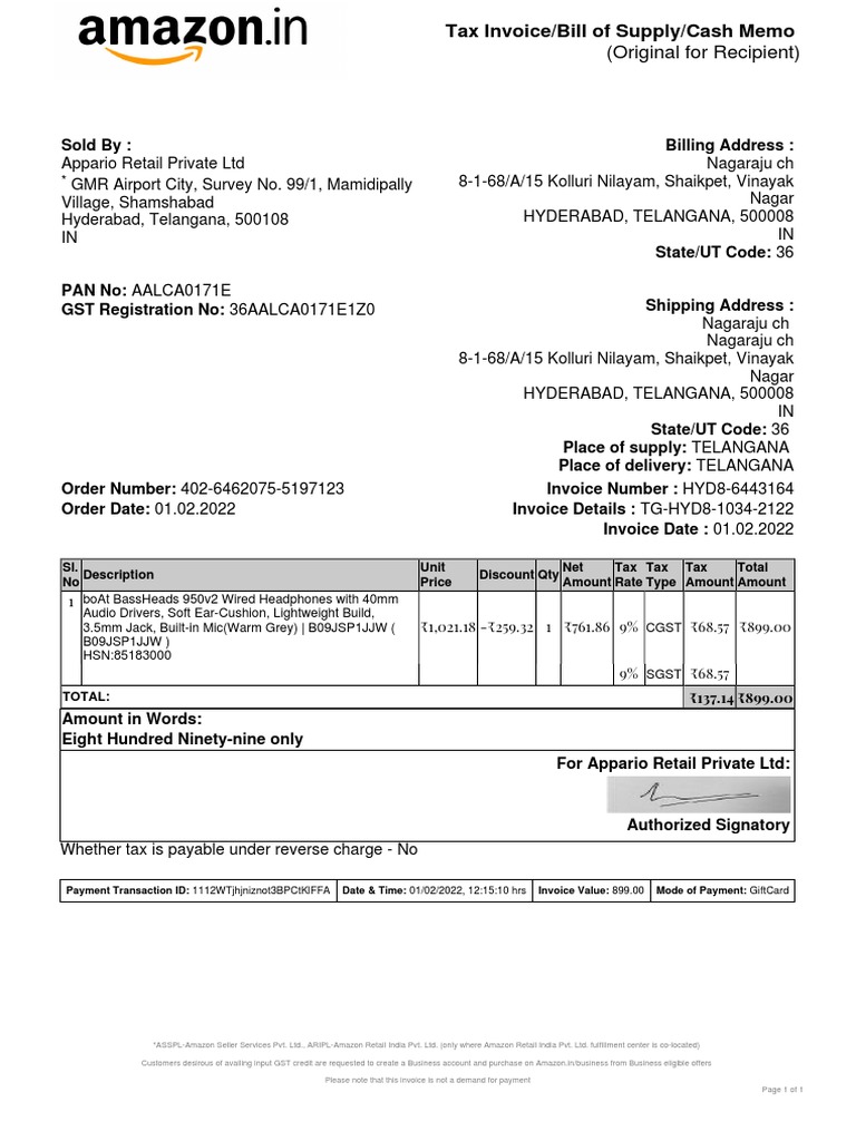 Invoice for boAt BassHeads 950v2 | PDF | Invoice | Business