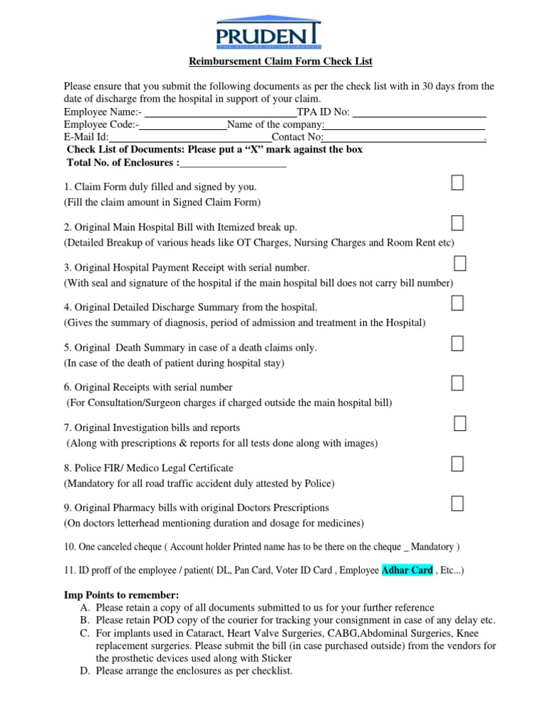 Hospital Reimbursement Claim Checklist | PDF | Law