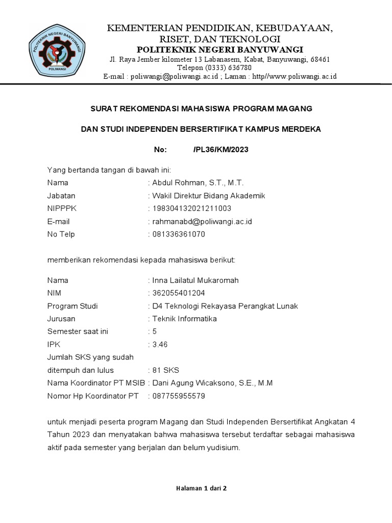(Format) Surat Rekomendasi PT Untuk Mahasiswa Program MSIB Angkatan 4 TRPL | PDF