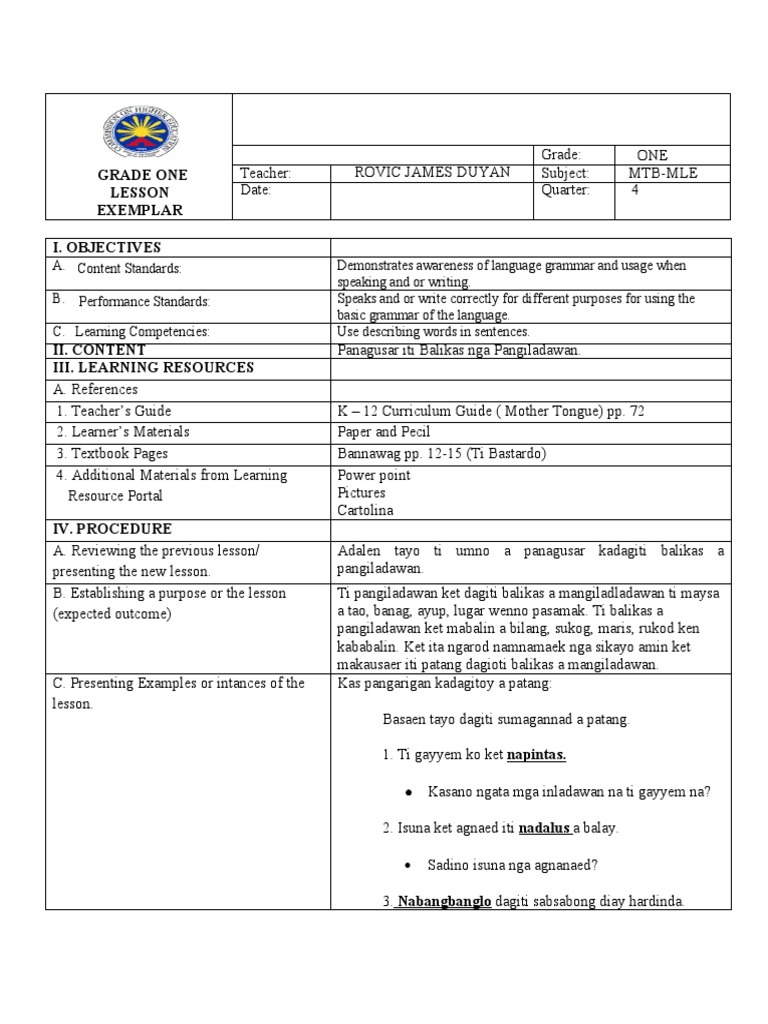 Grade 1 MTB-MLE Lesson Plan | PDF