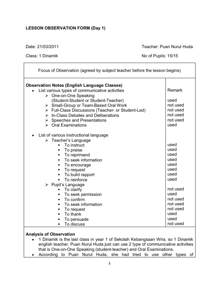 Lesson Observation Form | PDF | Classroom Management | Teachers