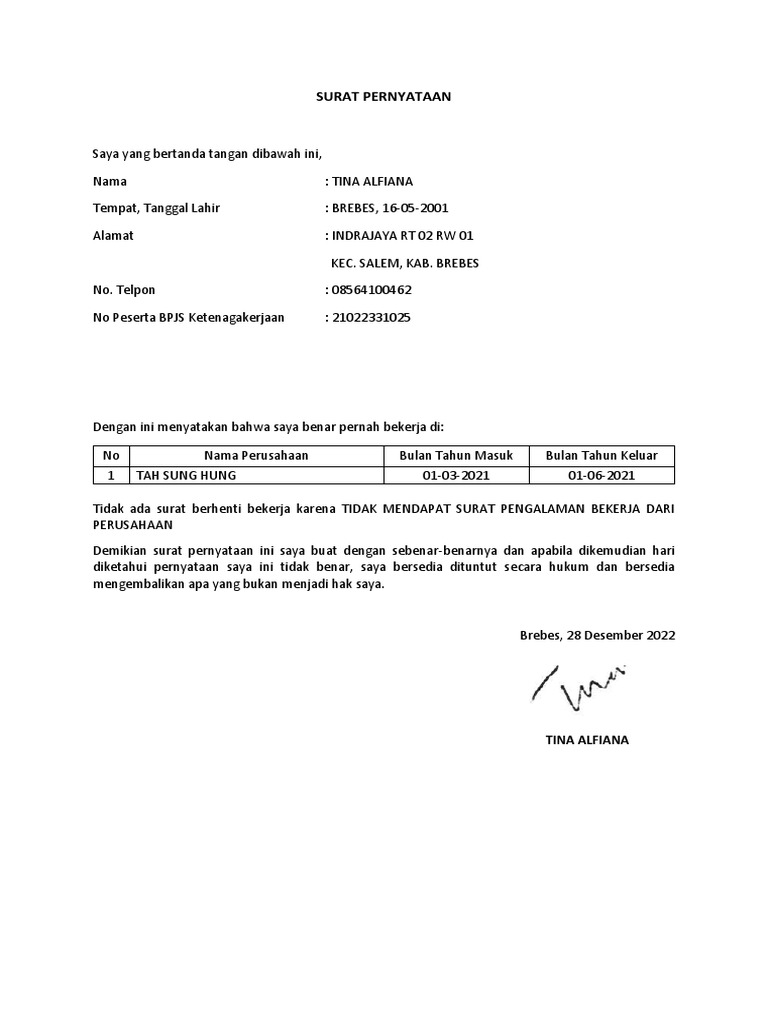 Surat Pernyataan Tina Alfiana | PDF