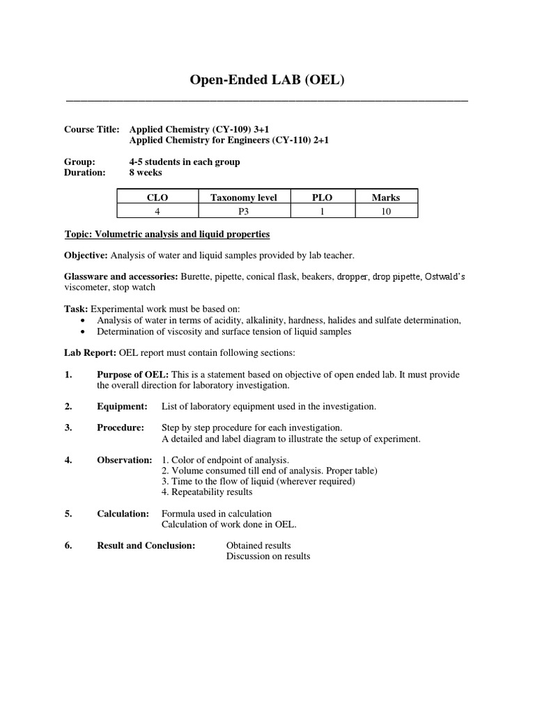 Open Ended Lab Applied Chemistry (CY-109 and 110) | PDF | Laboratories | Titration
