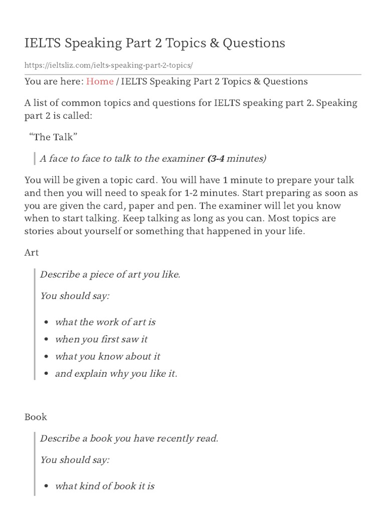 IELTS Speaking Part 2 Topics & Questions+ | PDF | International English ...