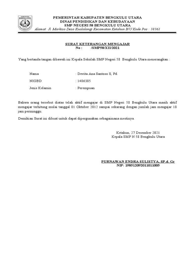 Surat Keterangan Mengajar SMP 58 Bengkulu | PDF