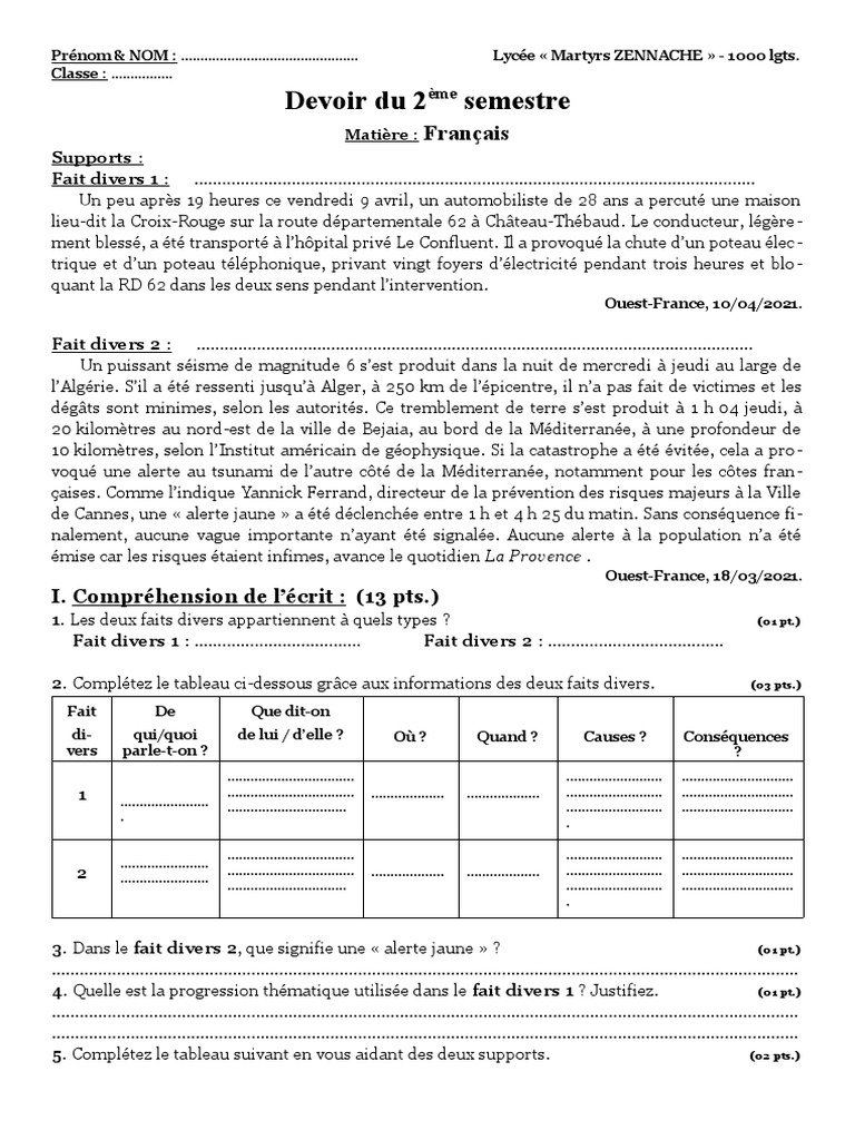 Devoir 1as F. Divers 3 | PDF | Tremblements de terre | Catastrophes